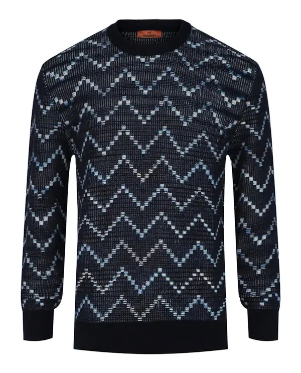 SLOWEAR Zigzag Crewneck Pullover Sweater - Navy Blue