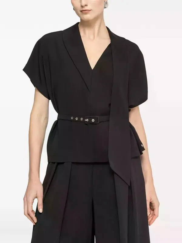 NISSA Belted V-neck Top - Black