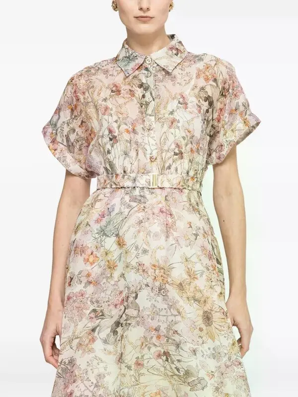 NISSA Belted Floral Print Linen Dress - Neutrals