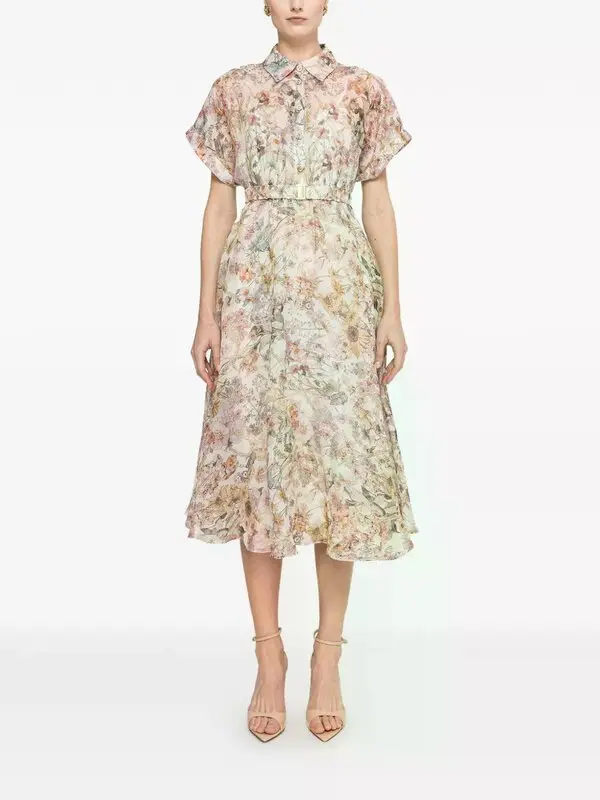 NISSA Belted Floral Print Linen Dress