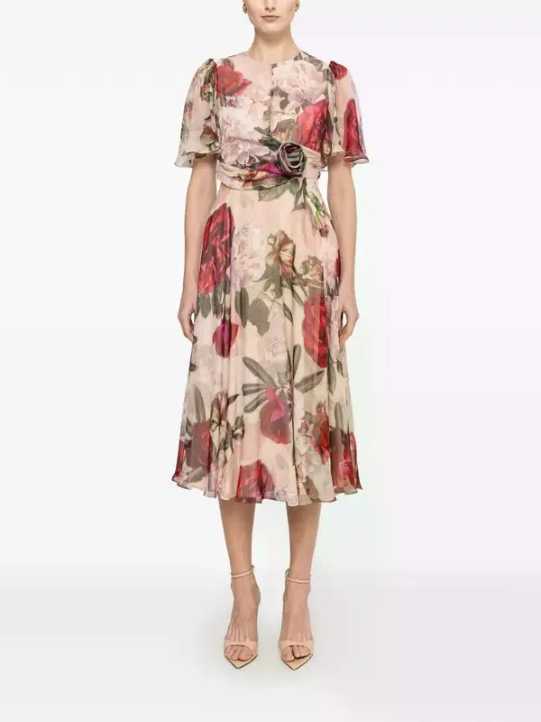 NISSA Floral Print Silk Midi Dress - Neutrals