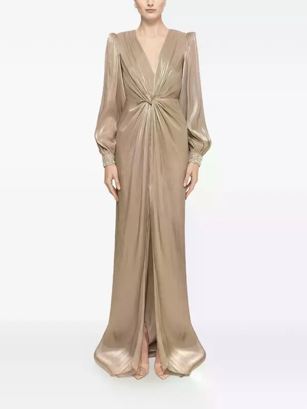 NISSA Chiffon Maxi Dress With Embellished Cuffs - Neutrals