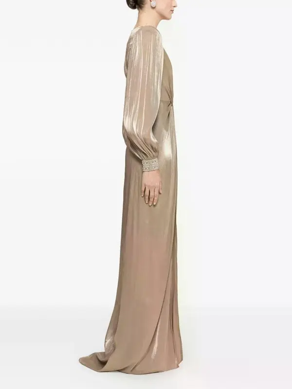 NISSA Chiffon Maxi Dress With Embellished Cuffs - Neutrals