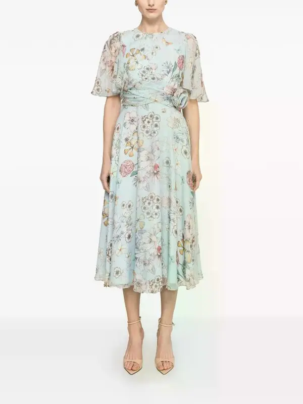 NISSA Floral Silk Midi Dress - Blue