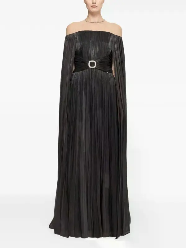 NISSA Chiffon Cape Design Maxi Dress With Belt Embellishment - Black