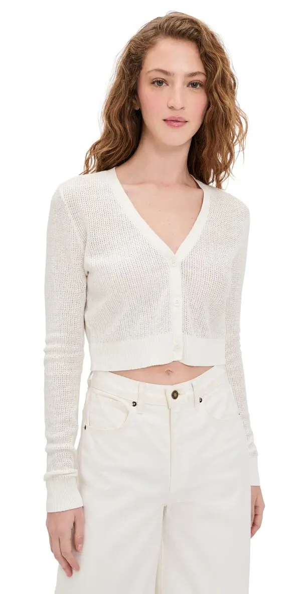 Enza Costa Linen Open Knit Cropped V Neck Cardigan - Off White