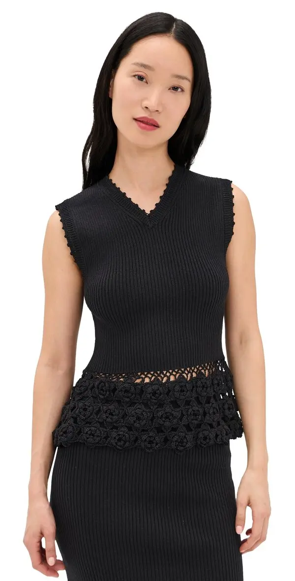 GANNI Fine Cotton Rib Crochet Vest - Black