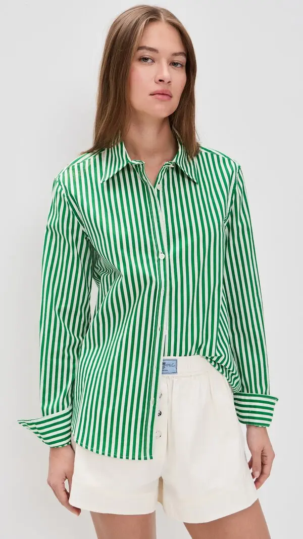 PERFECTWHITETEE Gisele Cotton Poplin Slim Fit Button-down Shirt With Stripe Pattern - Grass Stripe