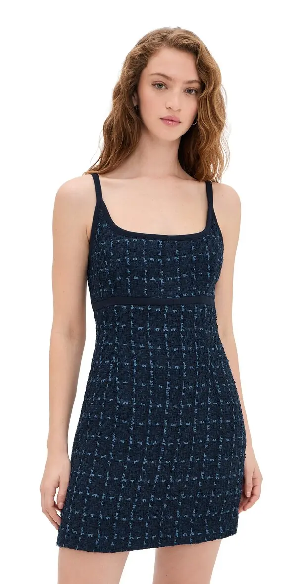 Endless Rose Knit Trimmed Tweed Mini Dress - Navy