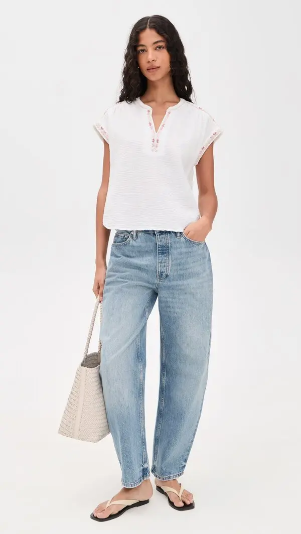 Xirena Danika Top With Embroidered V-neck And Cap Sleeves