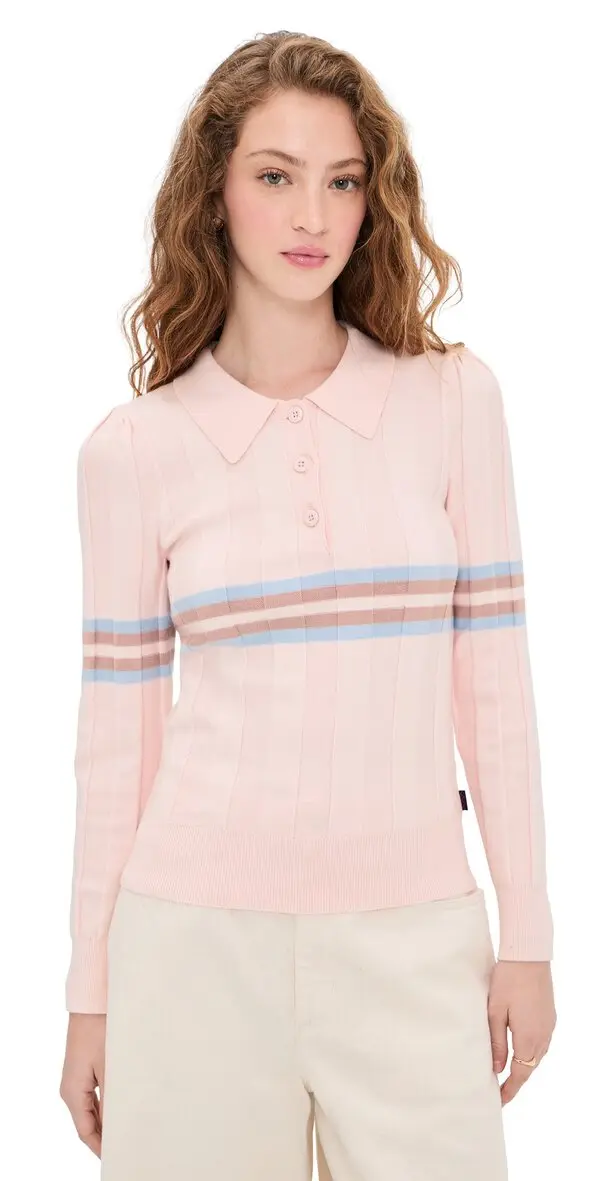 ROWING BLAZERS Knit Intarsia Stripe Long Sleeve Polo - Pink