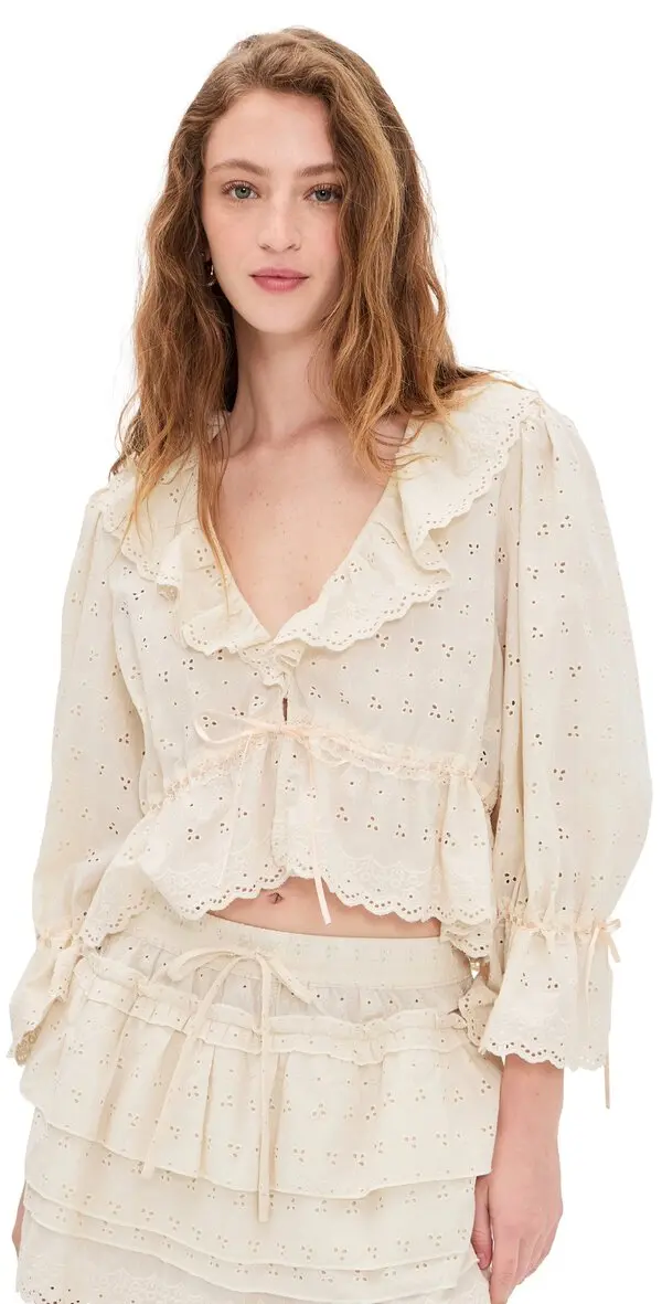 WAYF Sophia Ruffle Eyelet Top - Beige