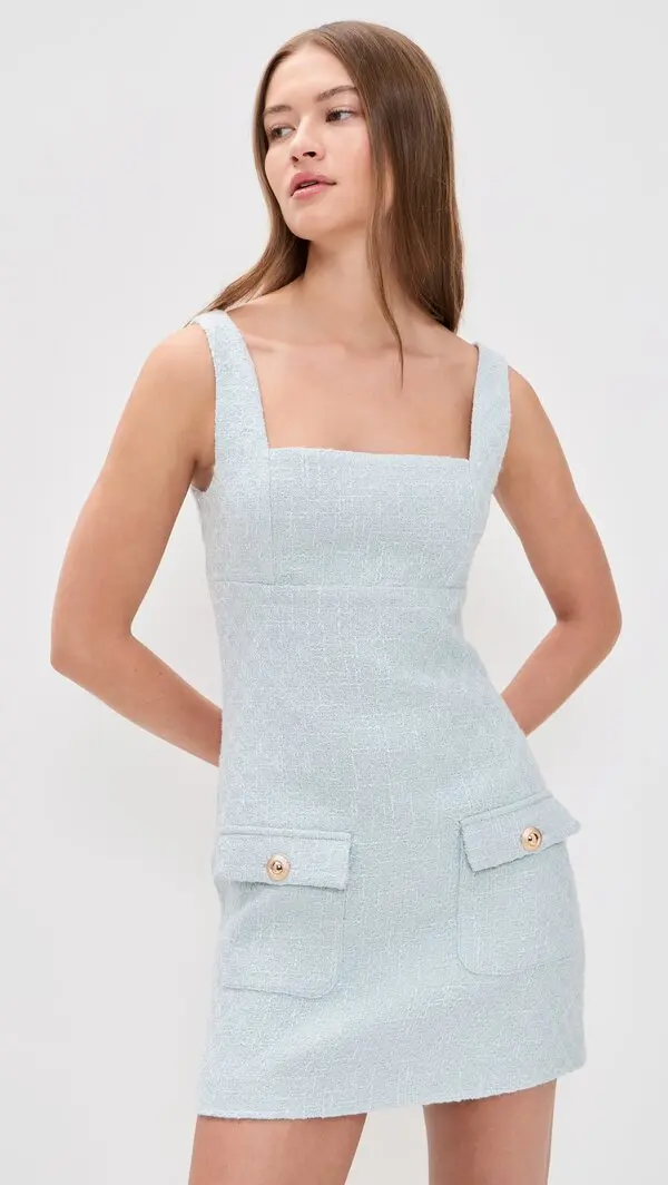 Endless Rose Square Neck Sleeveless Tweed Mini Dress With Gold-tone Buttons - Light Blue