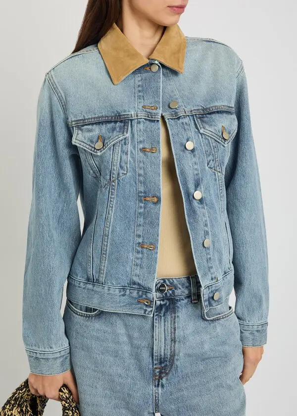 RÓHE Suede Collar Denim Jacket - Light Blue
