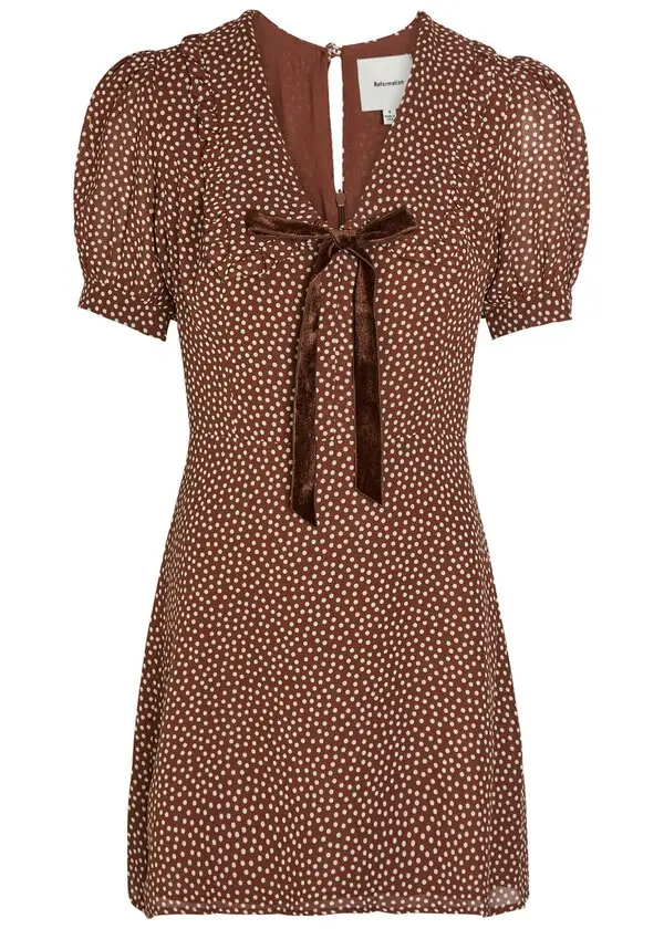 REFORMATION Kaylia Polka-dot Appliquéd Chiffon Mini Dress - Brown