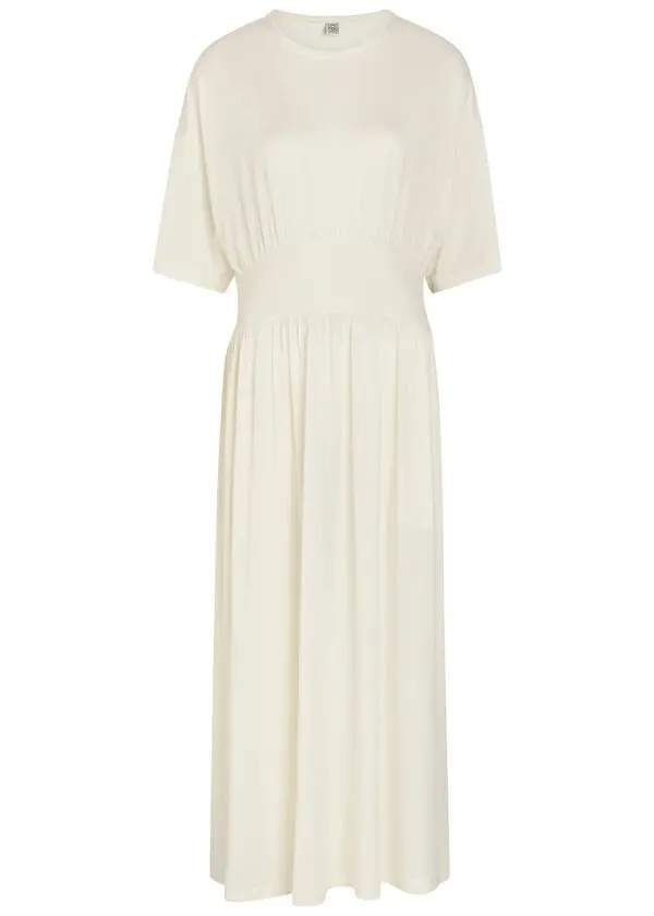 TOTEME Gathered Cotton And Silk-blend Midi Dress - Off White