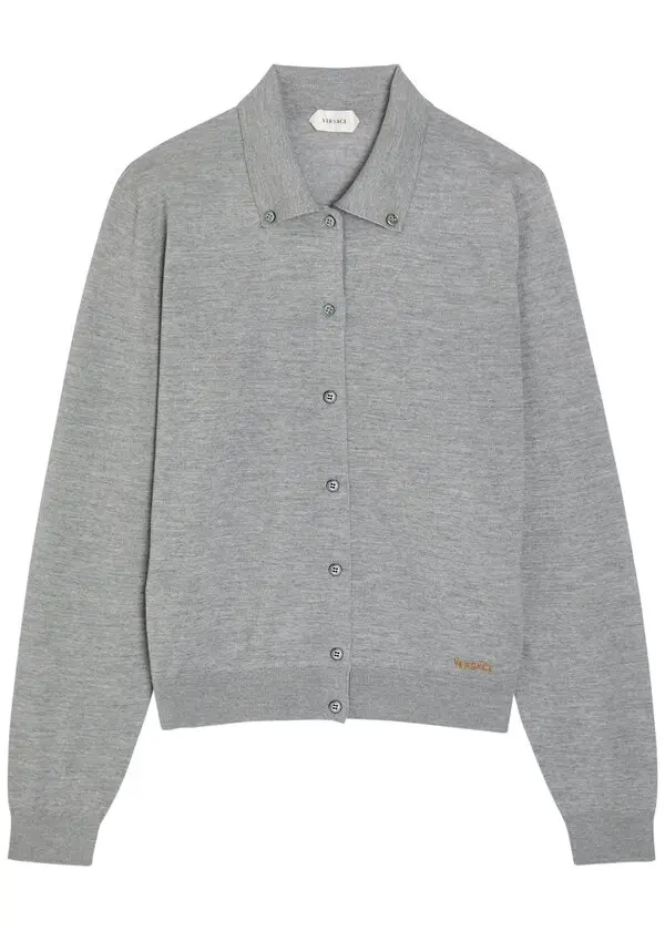 Versace Logo-embroidered Wool Cardigan - Grey