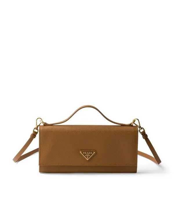 Prada Saffiano Leather Wallet With Shoulder Strap - Brown
