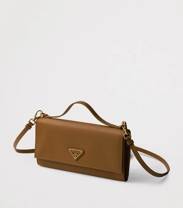 Prada Saffiano Leather Wallet With Shoulder Strap - Brown