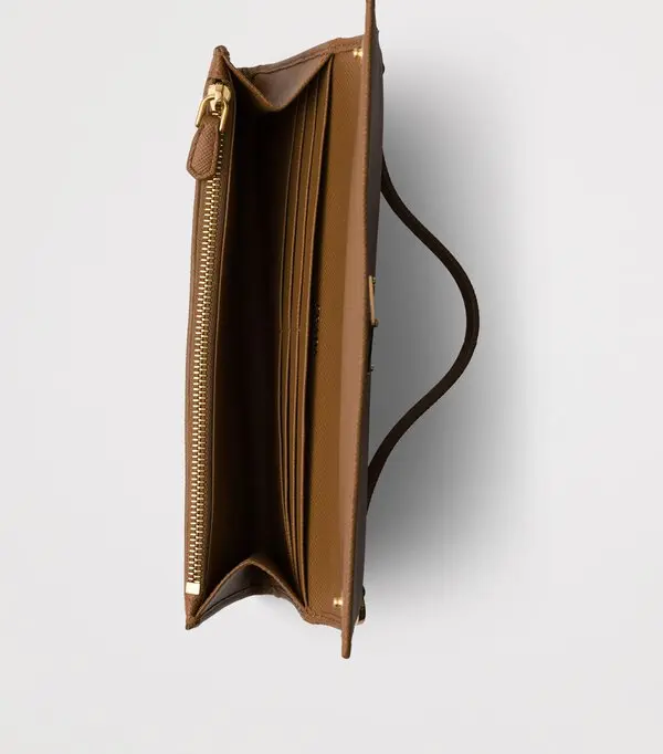 Prada Saffiano Leather Wallet With Shoulder Strap - Brown