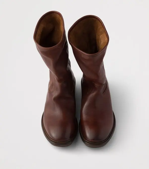 Prada Leather Vintage-effect Mid-calf Boots - Brown