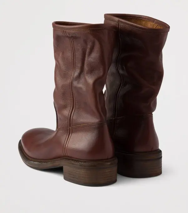Prada Leather Vintage-effect Mid-calf Boots - Brown