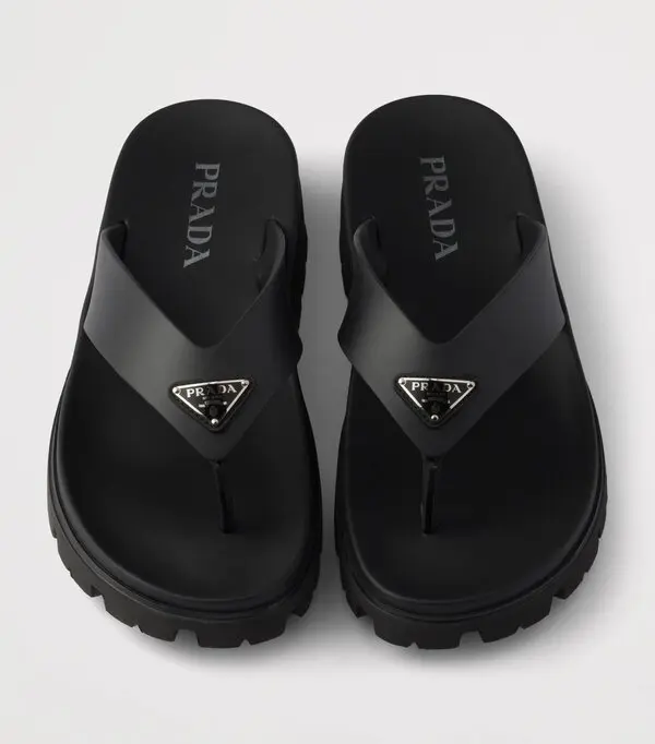 Prada Rubber Logo Thong Sandals - Black