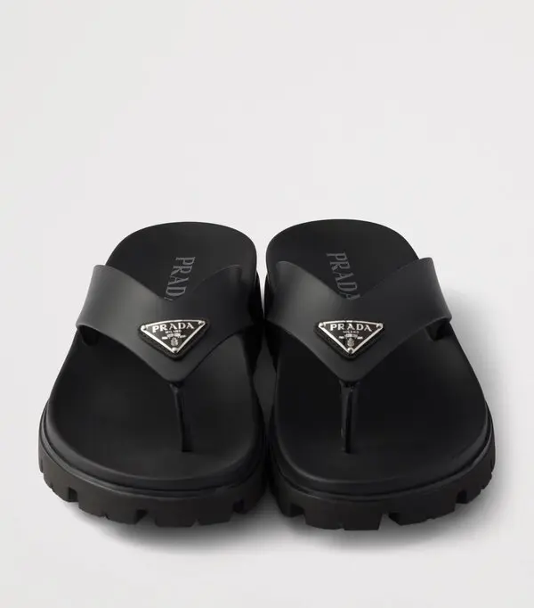 Prada Rubber Logo Thong Sandals - Black