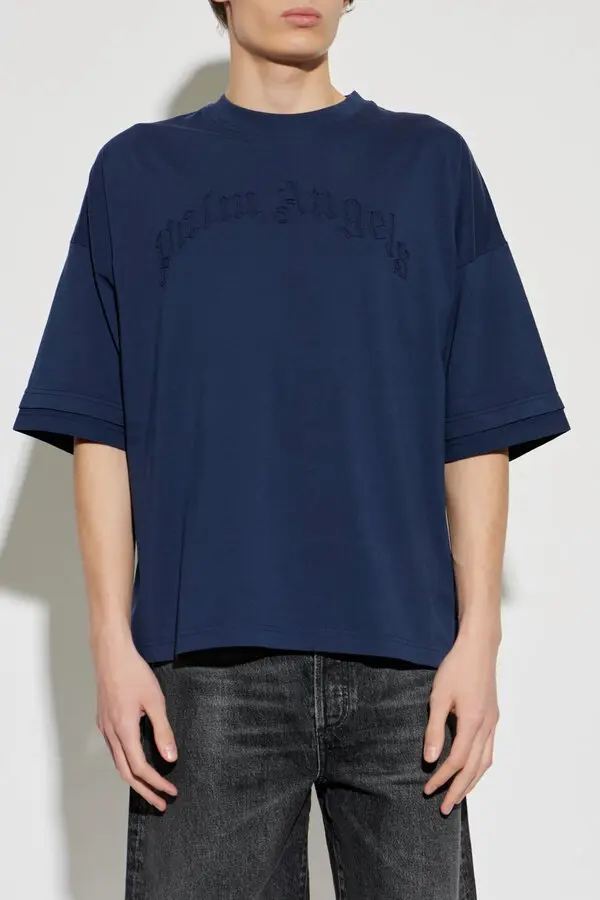 Palm Angels T-shirt With Embroidered Logo - Navy Blue