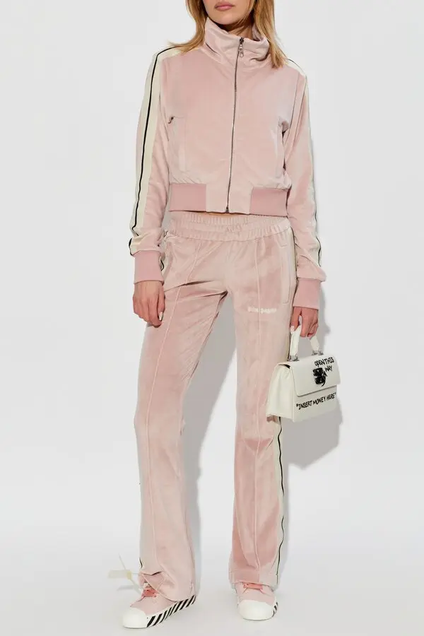Palm Angels Velvet Zip-up Sweatshirt With Striped Sleeves - Pink