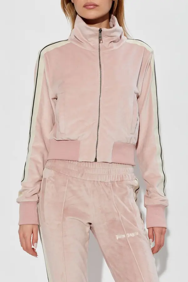 Palm Angels Velvet Zip-up Sweatshirt With Striped Sleeves - Pink