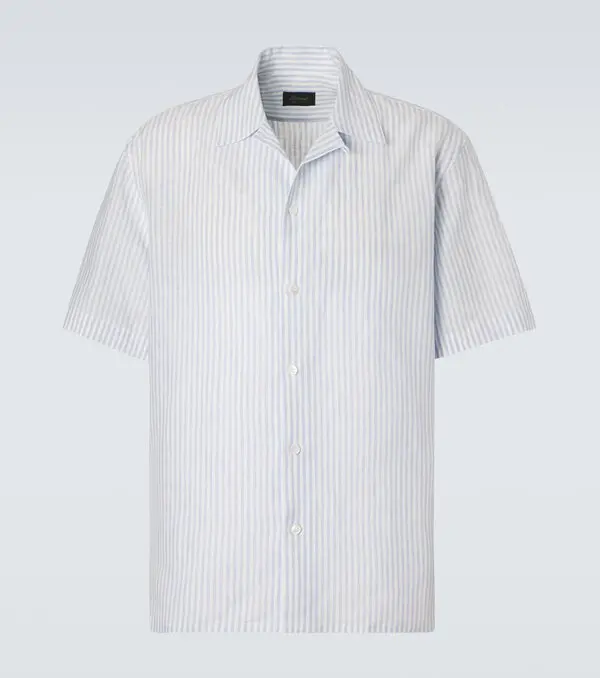 Brioni Striped Linen Bowling Shirt - Blue