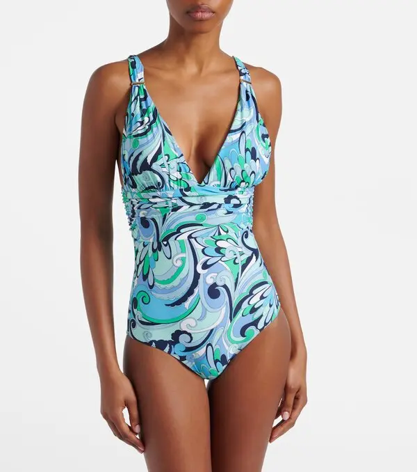 Melissa Odabash Panarea Printed Ruched Swimsuit - Blue