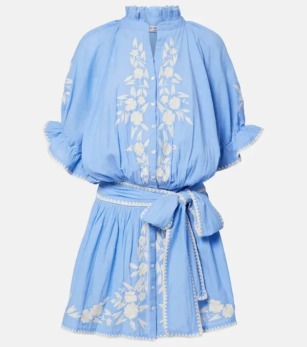 JULIET DUNN Embroidered Cotton Chambray Mini Dress - Blue