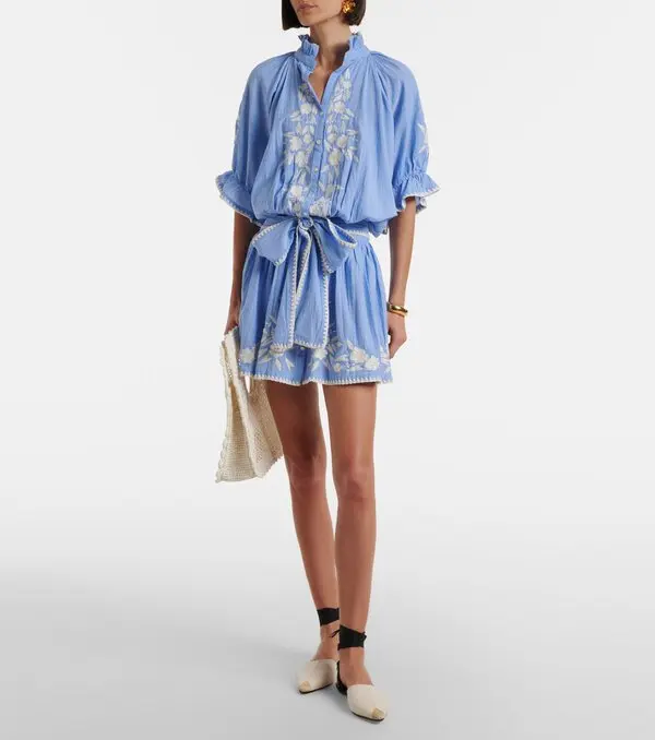 JULIET DUNN Embroidered Cotton Chambray Mini Dress