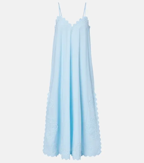 JULIET DUNN Embroidered Scalloped Cotton Midi Dress - Blue