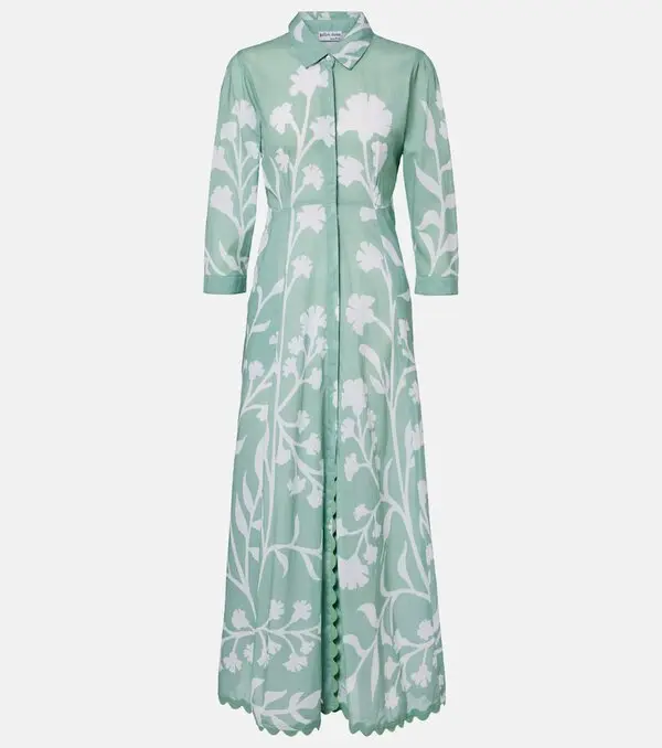 JULIET DUNN Floral Scalloped Cotton Shirt Dress - Green