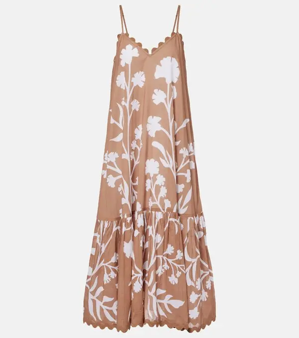 JULIET DUNN Floral Scalloped Cotton Midi Dress - Brown
