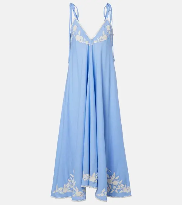 JULIET DUNN Embroidered Cotton And Linen Chambray Midi Dress - Blue