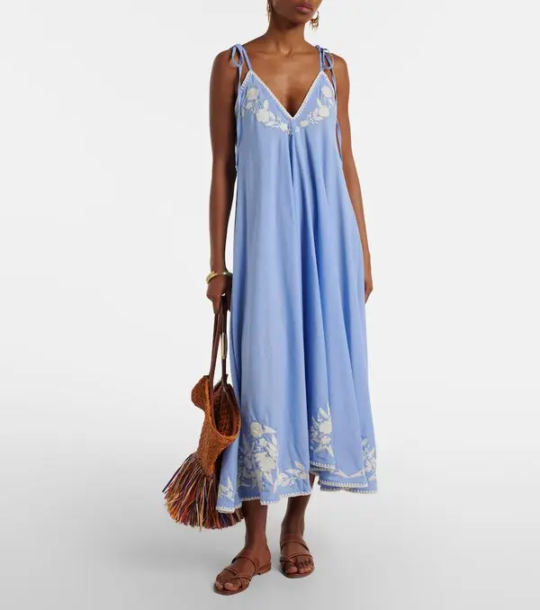 JULIET DUNN Embroidered Cotton And Linen Chambray Midi Dress