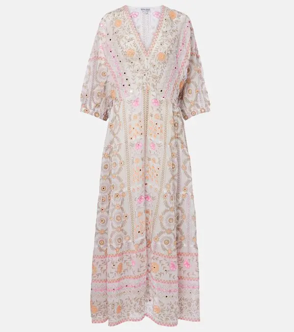 JULIET DUNN Embellished Floral Cotton Maxi Dress