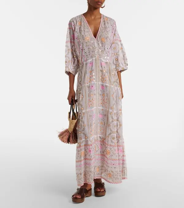 JULIET DUNN Embellished Floral Cotton Maxi Dress