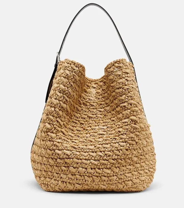 TOTEME Leather-trimmed Raffia Bucket Bag - Beige