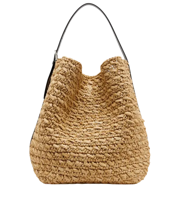 TOTEME Leather-trimmed Raffia Bucket Bag - Beige