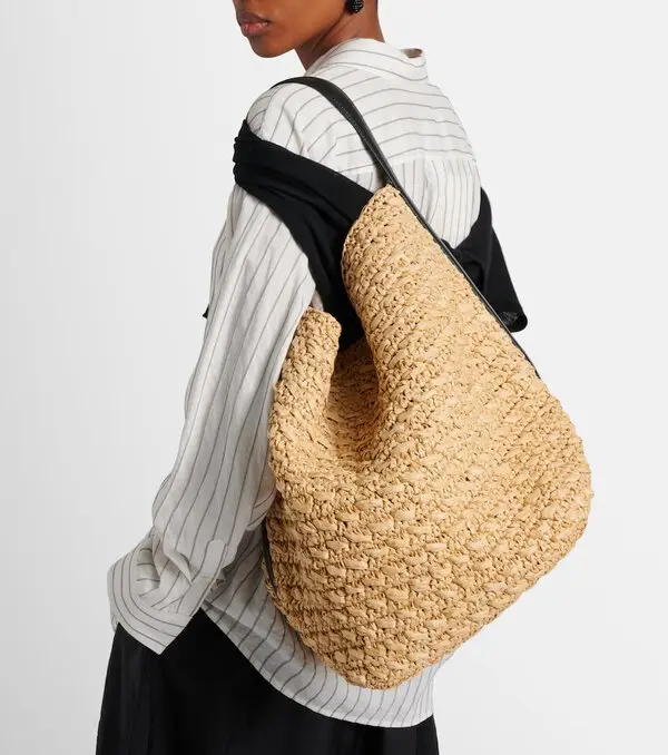 TOTEME Leather-trimmed Raffia Bucket Bag - Beige