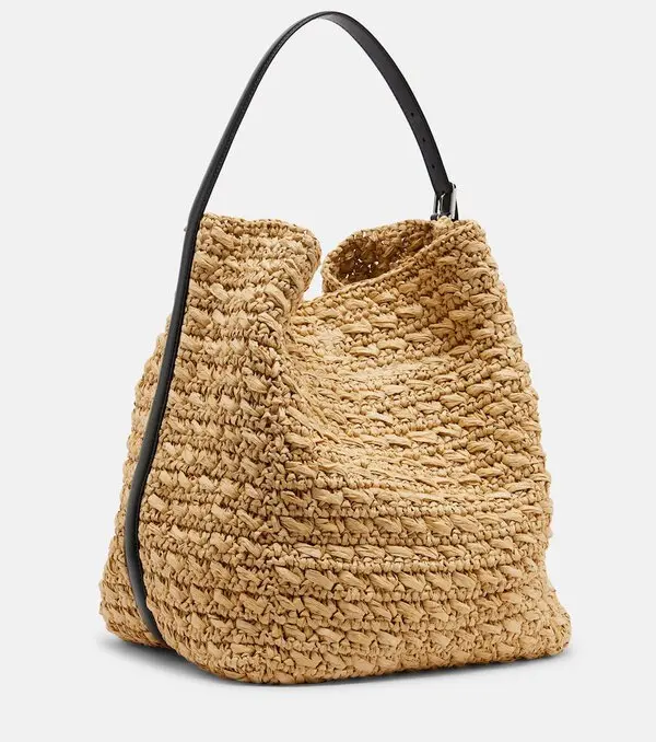 TOTEME Leather-trimmed Raffia Bucket Bag - Beige