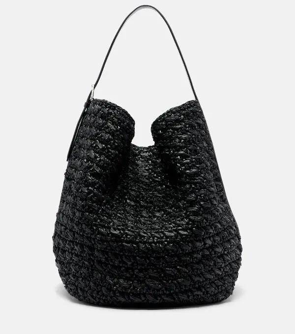 TOTEME Belted Leather-trimmed Raffia Tote Bag - Black