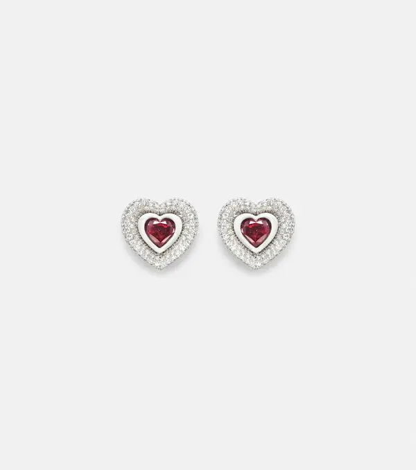 KAMYEN Heart 18kt White Gold Earrings With Diamonds And Rubies - Silver