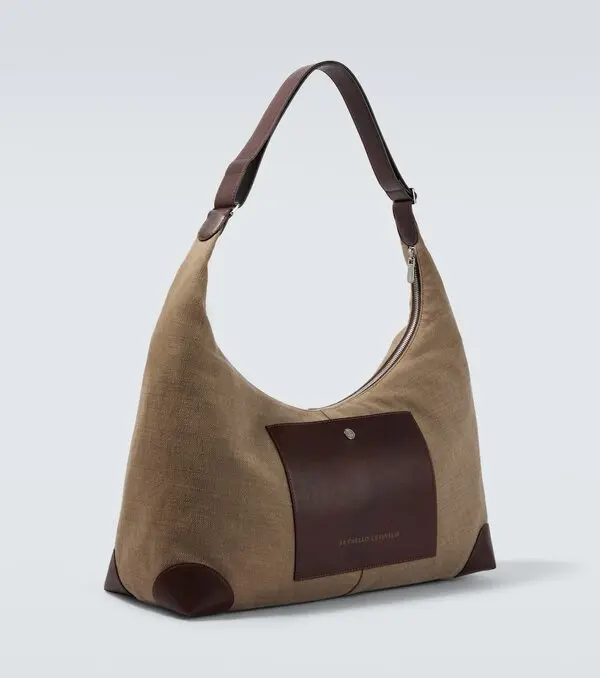 Brunello Cucinelli Leather-trimmed Canvas Shoulder Bag - Brown