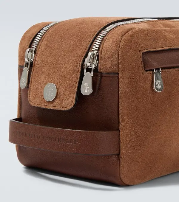 Brunello Cucinelli Leather-trimmed Suede Toiletry Bag - Brown